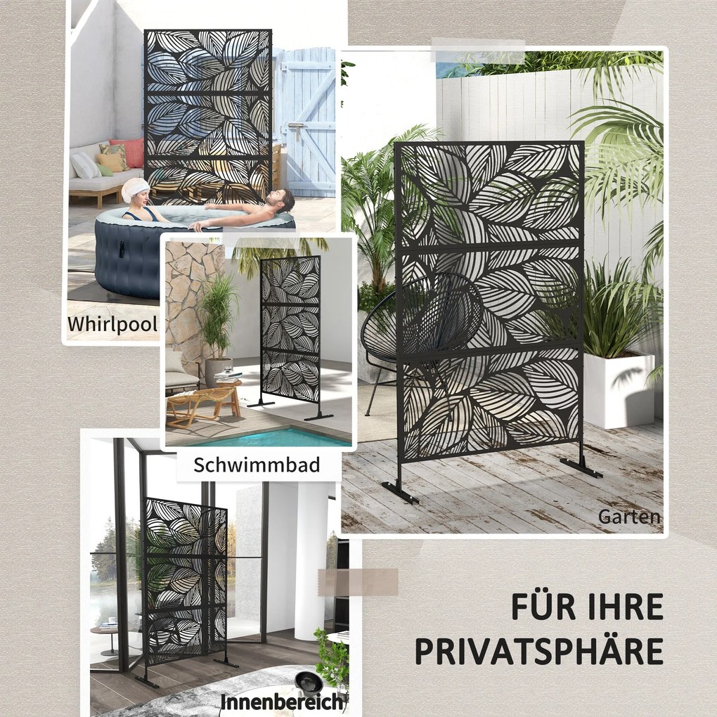 Outsunny Paraván 3-Panel 122 x 198 cm Zahradní Ochranné Zábrany, Dělicí Stěna 3-dílný Ochranný Paraván z Oceli s Listovým Vzorem pro Zahradu, Terasu,…