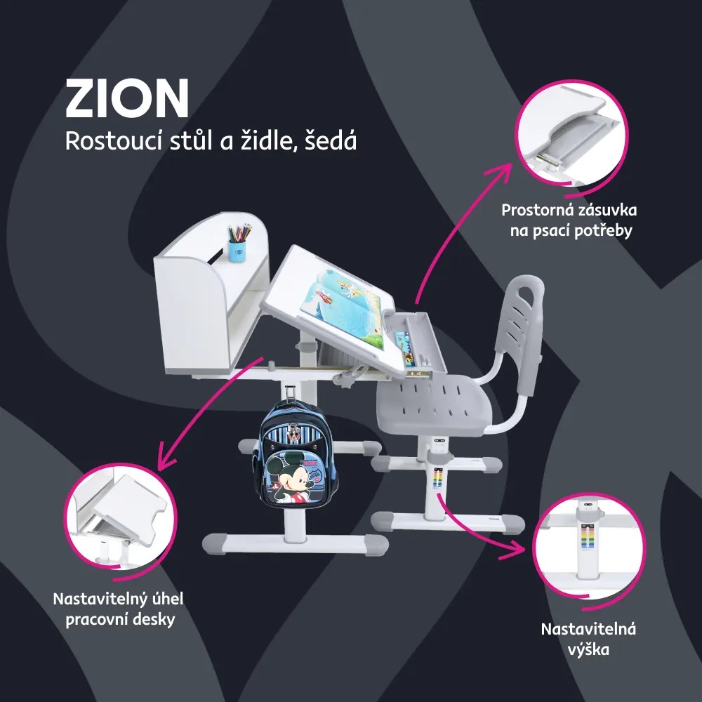 Rostoucí psací stůl a židle, šedá/bílá, set ZION