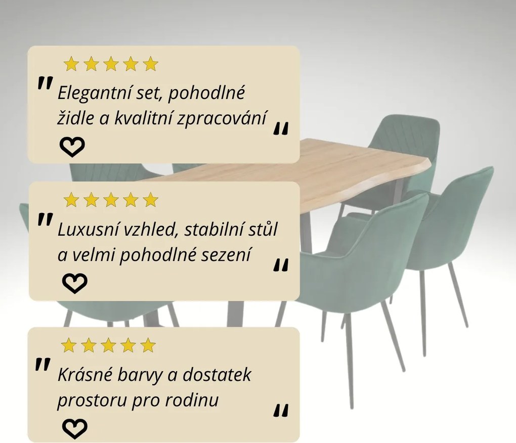 Vikio Jídelní set pro 6 osob 160x90 cm dub noha U zelená židle s područkami VJS166-6Z