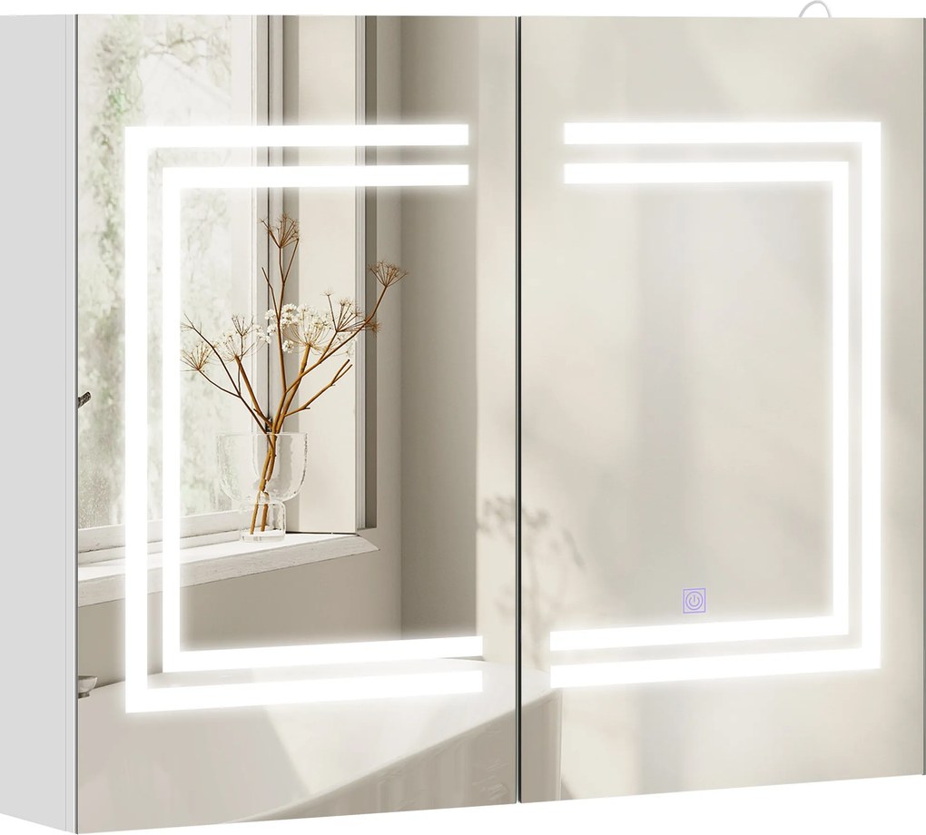 kleankin koupelnová skříňka se zrcadlem s LED osvětlením, 80 x 65 cm, koupelnová skříňka se zrcadlem, soft-close dveře, stmívatelná ve 3 barvách, nas…