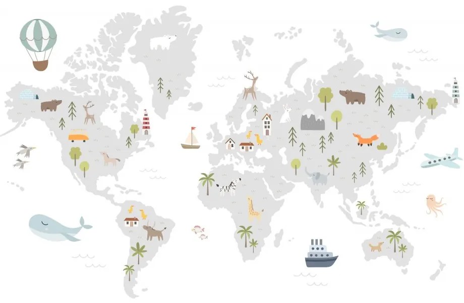 Fototapeta World Map With Cute Animals In Cartoon Style. Map For Nursery, Kids Room With Nature, Animals, Transports. Skandi Hladký vinyl 300x210
