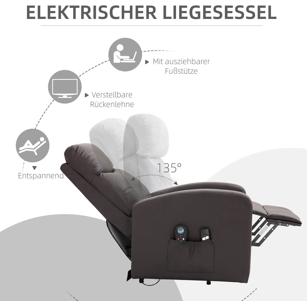 Polohovací křeslo HOMCOM s funkcí stojanu a elektrické masáže, funkce polohování, imitace kůže, hnědá barva, pohodlné křeslo s dálkovým ovládáním | A…
