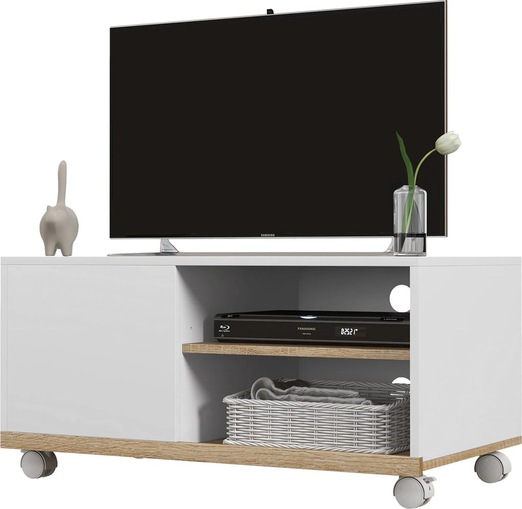 HOMCOM Moderní TV Stánek na Kolečkách pro Televize do 42 Palců - TV Stánek do Obývacího Pokoje s 1 Dvéřmi a 2 Úložnými Policemi 80x45x39,5 cm Bílý | A