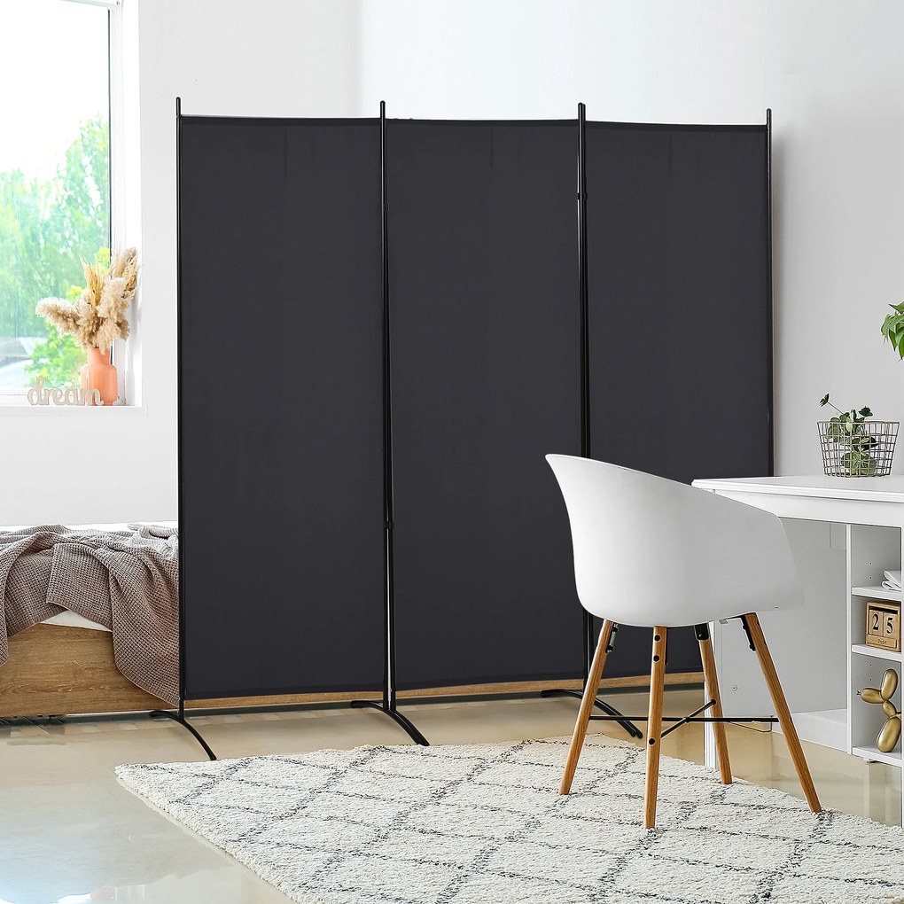 HOMCOM 3-panelový paraván 2,53m x 0,5m x 1,82m s bočním slunečníkem, větrným štítem na stojanu z kovu a polyesteru s vysokou hustotou - Černý