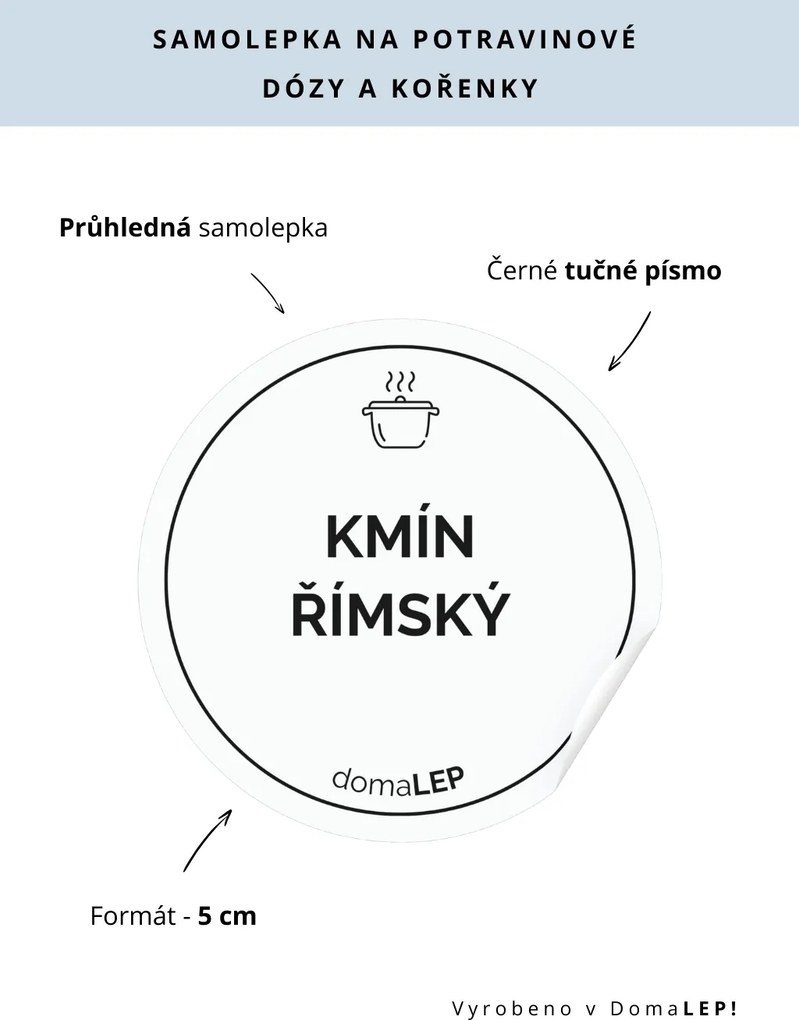 Samolepka na kořenky KMÍN ŘÍMSKÝ průhledná 5 cm tučné písmo