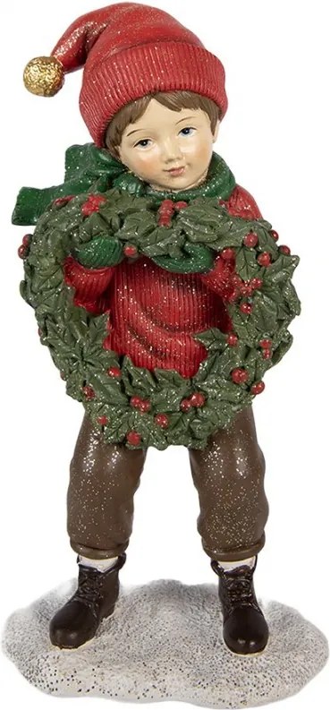 Vánoční dekorace chlapec držící cesmínový věnec - 10*6*19 cm