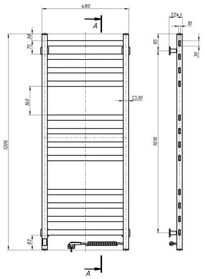Koupelnový žebříkový radiátor s term. AVANGARD 459W/230V 120,6cm IP44 bílá pravá