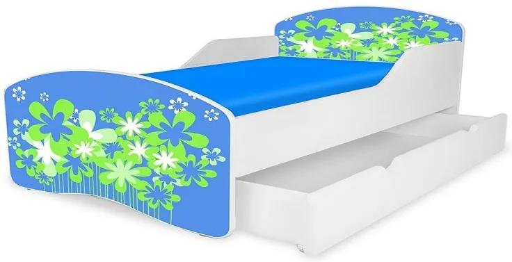 Dětská postel se šuplíkem - Modrá s květy - small rainbow - 140 x 70 cm