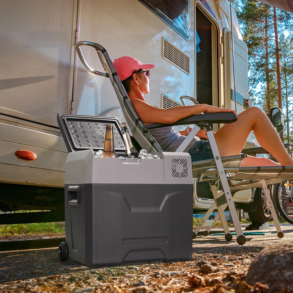 HOMCOM Autochladnička 50L elektrická autochladnička s kompresorem pro kempování a cestování 12/24V DC a 110-240V AC v šedé barvě |
