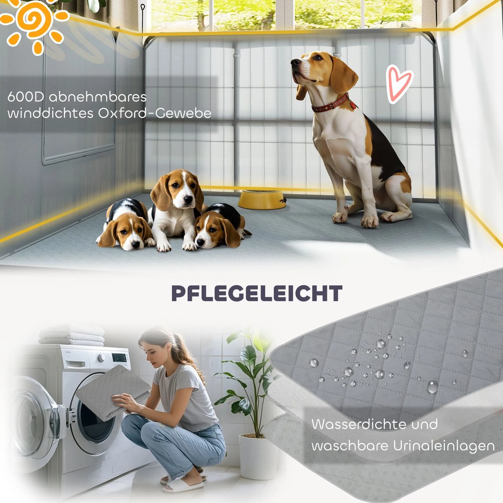 PawHut Pelíšek pro štěňata, ohrádka pro štěňata se 7 panely, 2 plochy, omyvatelná podložka pod stelivo, 203x102x60cm černá