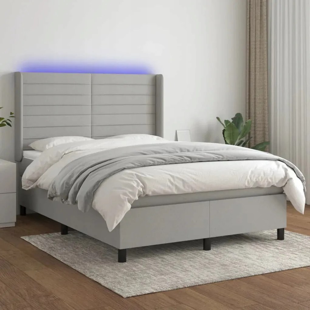 Box Spring Postel S Matrací A Led Textil Světle Šedá vodorovné pruhy 140