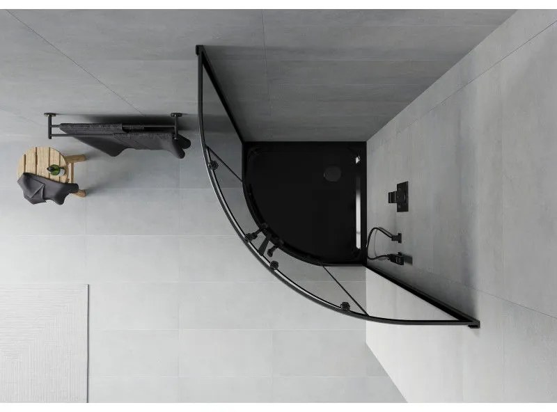 Mexen Rio, čtvrtkruhový sprchový kout s posuvnými dveřmi 90 (dveře) x 90 (dveře) x 190 cm, 5mm šedé sklo, černý profil + černá sprchová vanička Slim, 863-090-090-70-40-4170B