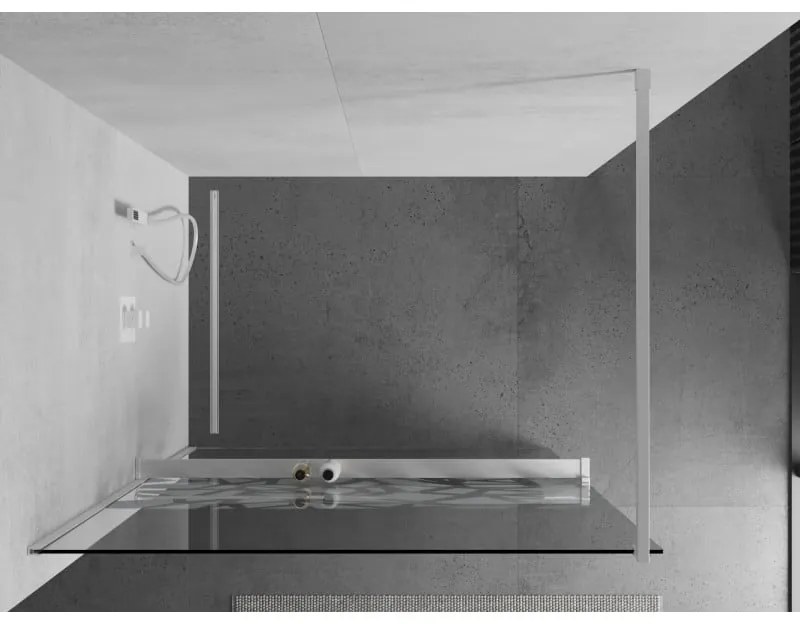 Mexen Kioto+, sprchová zástěna Walk-In s poličkou a věšákem 100 x 200 cm, 8mm čiré sklo bílý vzor, bílý profil, 800-100-121-20-85
