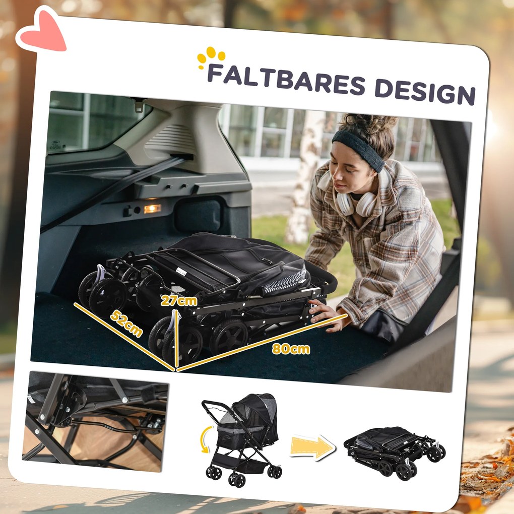 PawHut Dog Buggy Kočárek pro psy a kočky Kočárek pro kočky Oxford Black 76,5 x 52 x 95 cm