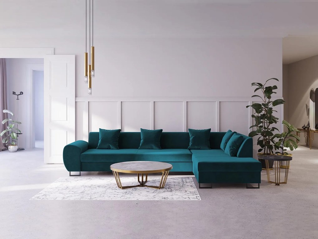 KOOKO HOME Rohová rozkládací sametová pohovka s úložným prostorem Calmato XL pravý roh
