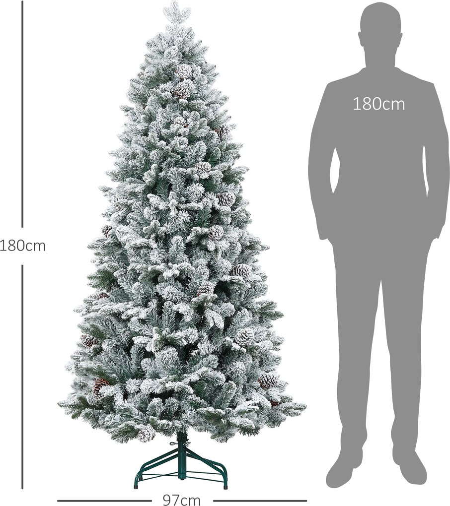 HOMCOM Umělý vánoční stromeček, umělý sníh a šišky, realistický, nehořlavý, kovový stojan, 183 cm, zelený