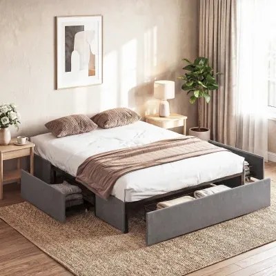 HOMCOM postel s úložným prostorem 140 x 190 cm, čalouněný rám dvojlůžka se 3 zásuvkami, LVL lamelový rošt, bezhlučný, šedá