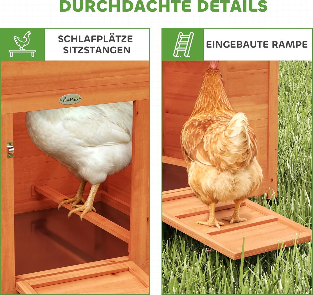 PawHut Kurník Dřevěný kurník s hnízdním boxem 2 bidýlka Rampa Okno Vodotěsná střecha 113,5x67,5x95,5 cm Oranžová barva