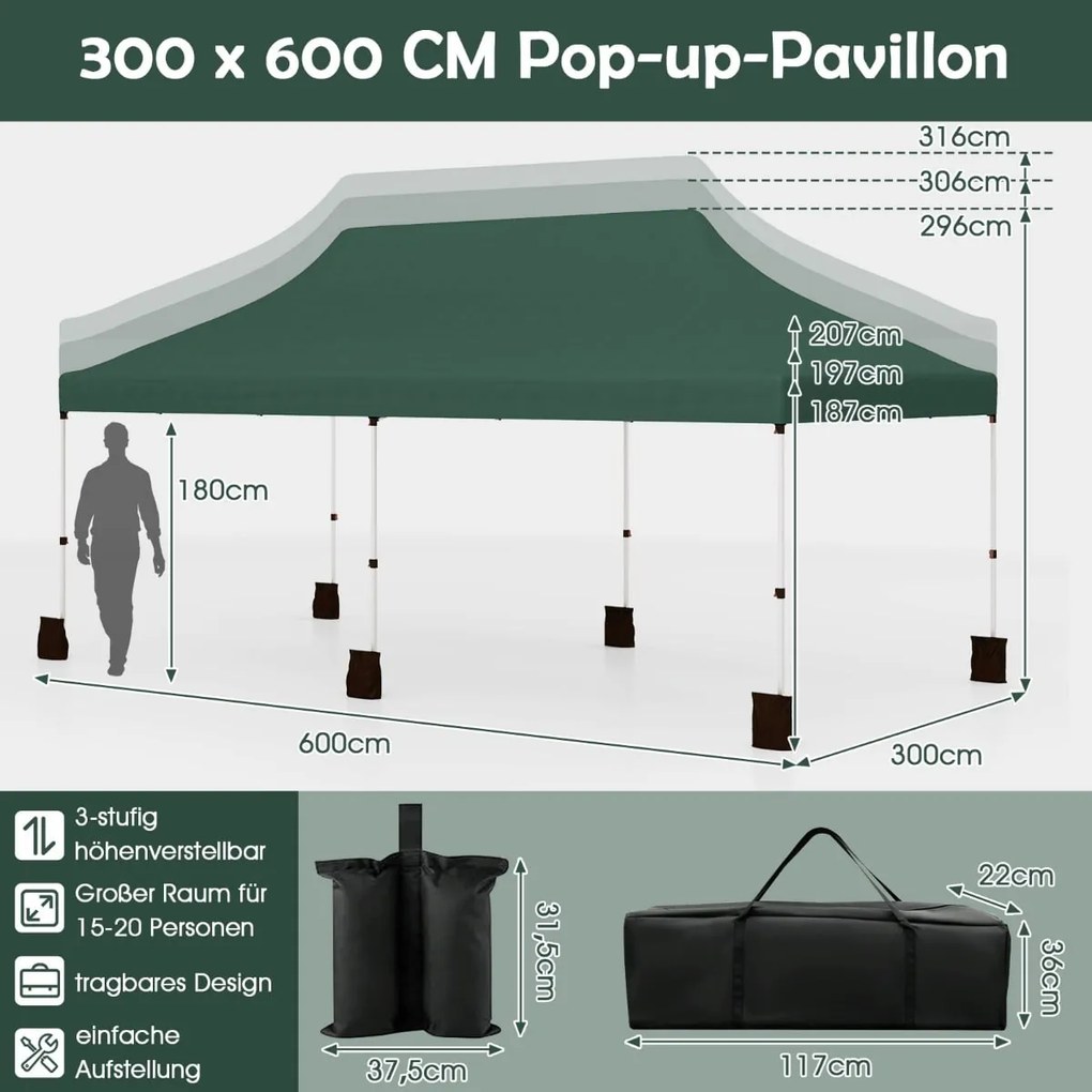 Costway Skládací stan s baldachýnem na akce s taškou – 300 × 600 cm, zelený