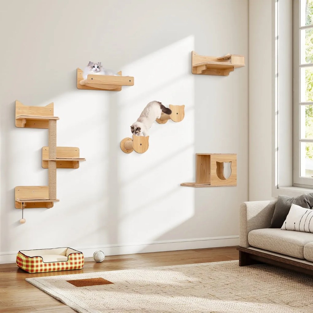 Costway 6 PCS lezecká stěna Škrabadlo pro kočky s platformami Mísa Houpací síť