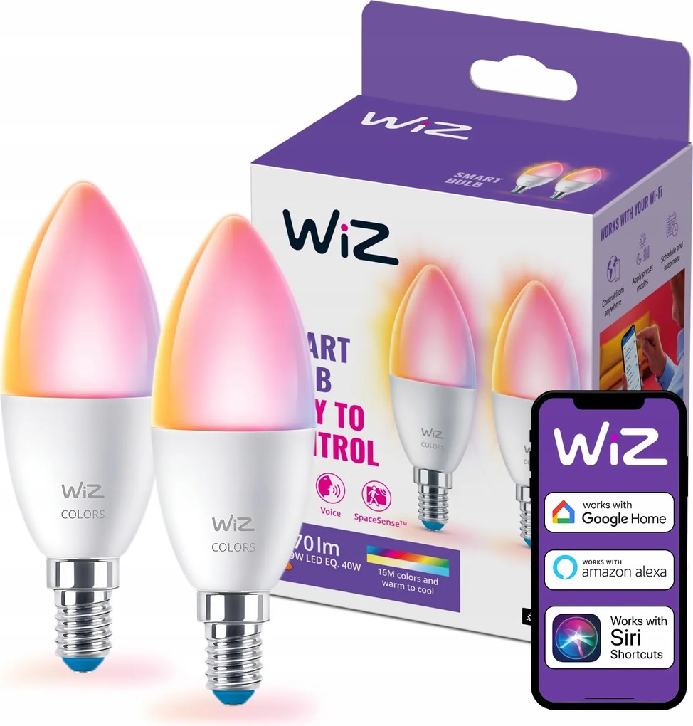 2x Led žárovka E14 Svíčka 4,9W 40W 2200-6500K Rgb Smart WiFi Aplikace WiZ