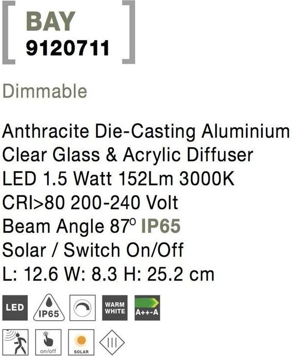 NV 9120711 Venkovní nástěnné svítidlo BAY antracitový hliník čiré sklo a akrylový difuzor LED 1.5W 3000K 3.7V 87st. IP65 solární / vypínač na těle / pohybové čidlo - NOVA LUCE