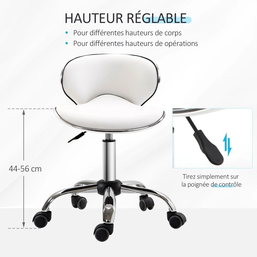 HOMCOM Rolling Stool Pracovní Stolička s Nastavitelnou Výškou 44-56 cm a Opěradlem, 360° Otočná Kancelářská Stolička pro Masážní Salón, Kancelář, Kli…
