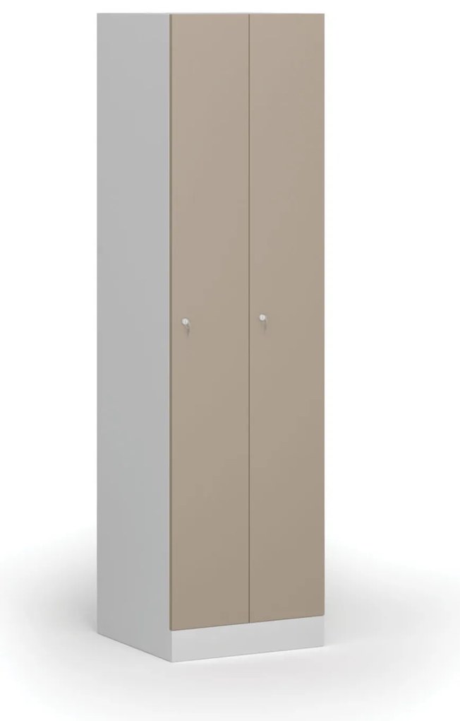 Zúžená kovová šatní skříňka S1, 2 oddíly, 1850 x 500 x 500 mm, demont, cylindrický zámek, béžové dveře