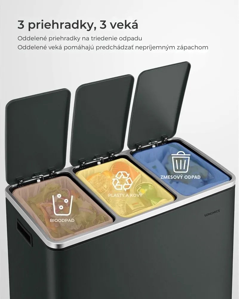 Koš na třídění odpadu SORT 54 l (3×18 l), antracitová/stříbrná SongmicsHome