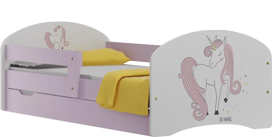 Dětská postel s motivem UNICORN MAGIC  se zábranou Rozměr: 180x90, Matrace: včetně matrace RELAX, Barevná kombinace: BÍLÁ/FIALOVÁ