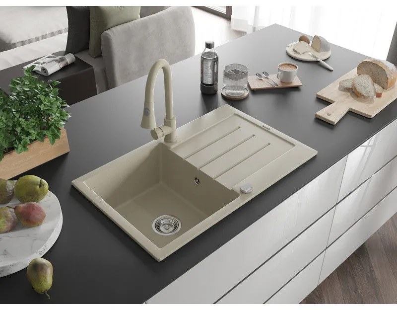 Mexen Bruno, 1-komorový granitový dřez 795x495x200 mm a dřezová baterie Elia, béžová, 6513-69-670101-69