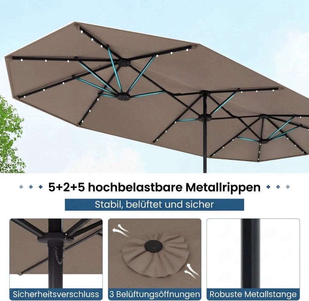 Costway Dvojitý slunečník se stojanem a LED světly a UPF 50+, hnědý