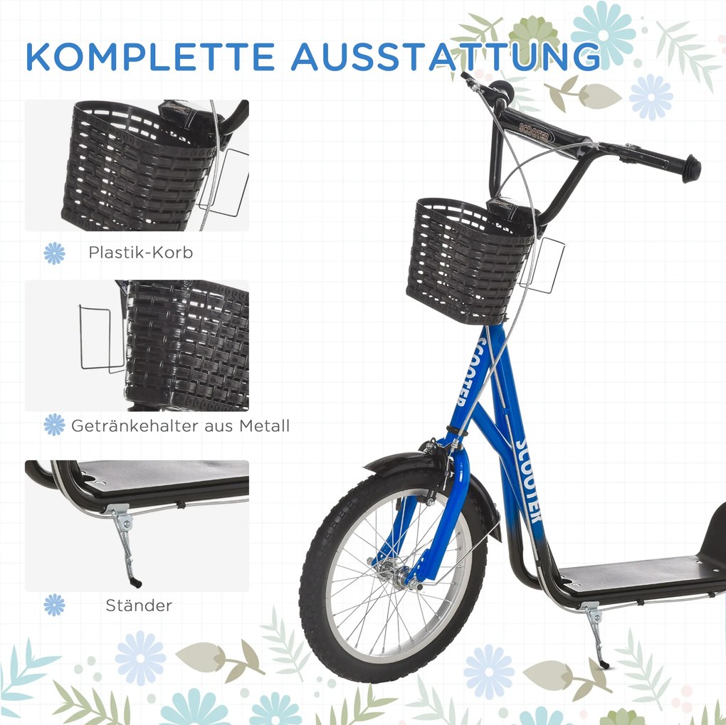 HOMCOM dětská koloběžka koloběžka s brzdou koš výškově nastavitelný pro 5-12 děti koloběžka kickboard hliníková slitina guma modrá + černá