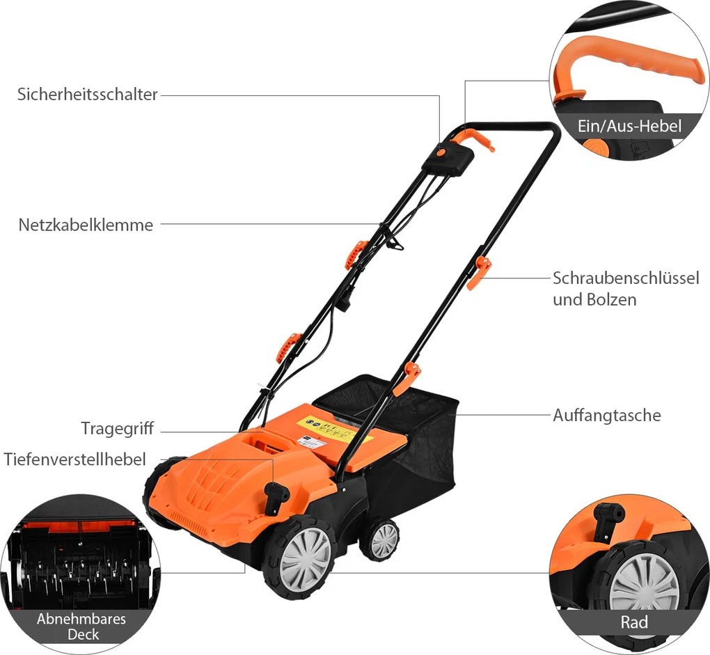 Costway Elektrický vertikutátor provzdušňovač trávníku 1500 W 2-in