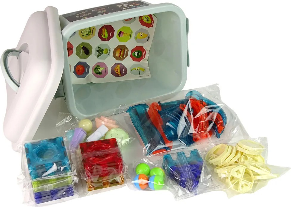 LEAN Toys Skluzavka na kuličky, osvětlená dráha, magnetické kostky, 75 dílů