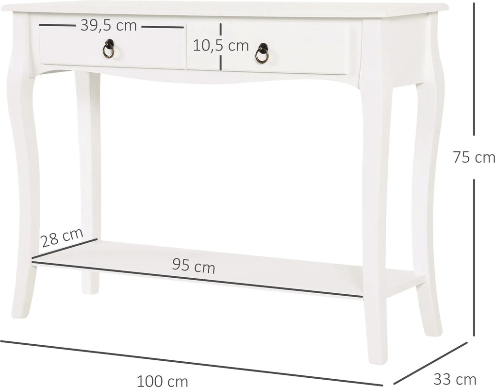 HOMCOM Konferenční Stolek s Úložným Prostorem do Obývacího Pokoj a Předsíně s Šuplíky a Policí Elegantní Design 100x33x75cm Bílý Lesklý Dřevěný