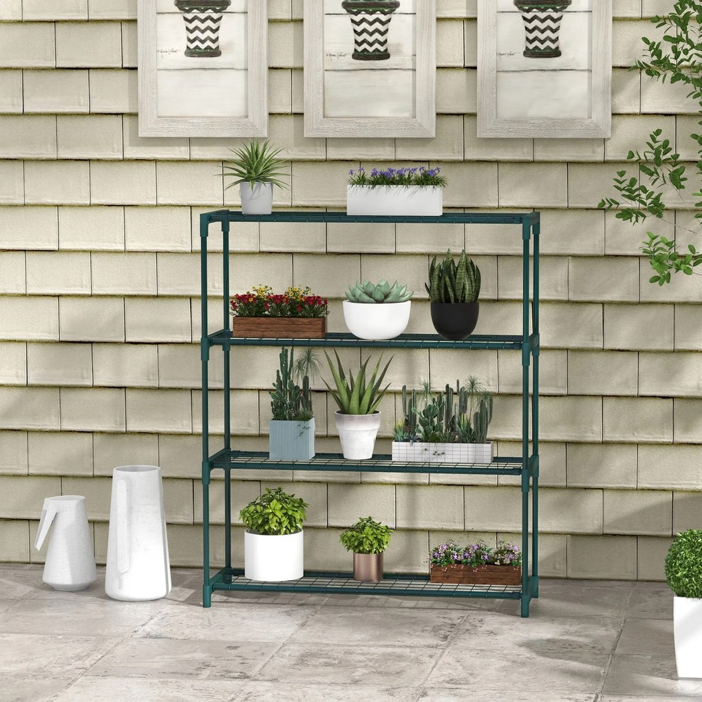 Outsunny Stojan na rostliny 4-patrový regál na květináče s ocelovou konstrukcí pro zahradu a patio 89x28x107 cm Tmavě zelená