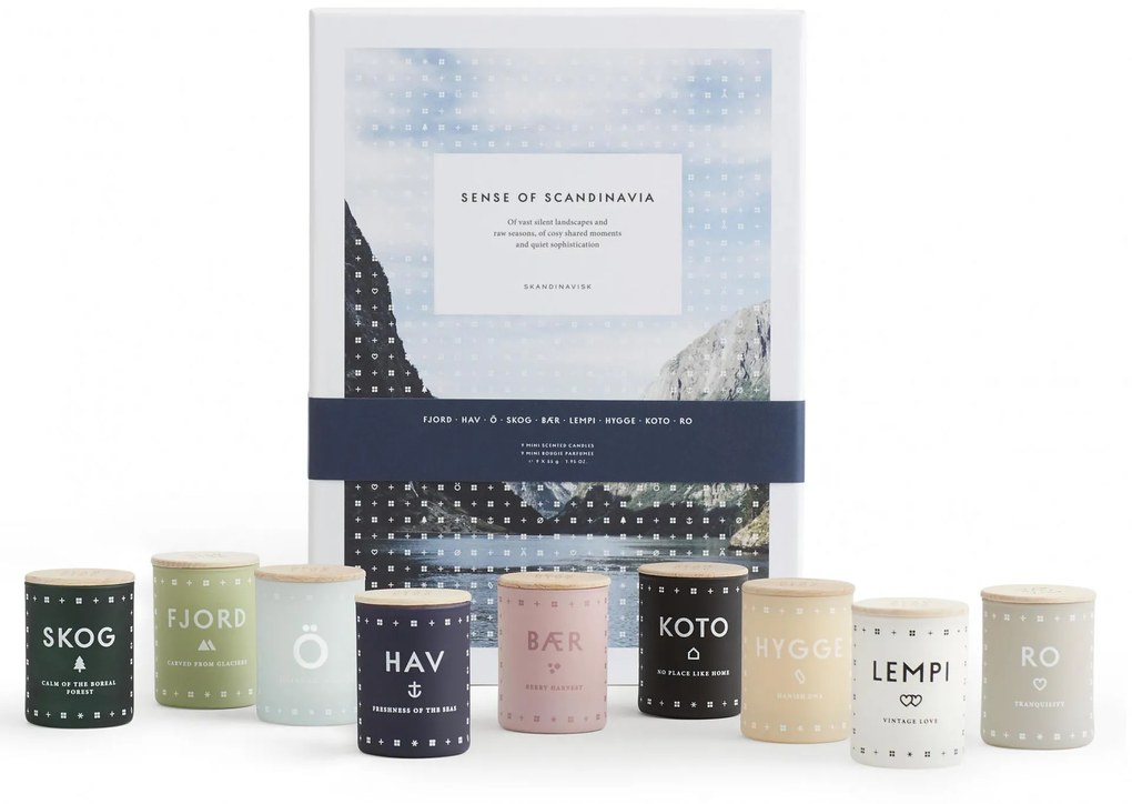 SKANDINAVISK Dárková kolekce mini svíček Sense of Scandinavia 9x55 g, modrá barva, bílá barva, sklo, papír