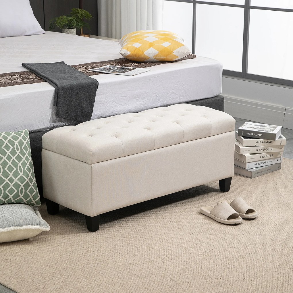 HOMCOM Lavice Čalouněná lavice s úložným prostorem, truhla, polyester podobný lnu, kaučukové dřevo, krémově bílá, 100 x 40 x 44 cm