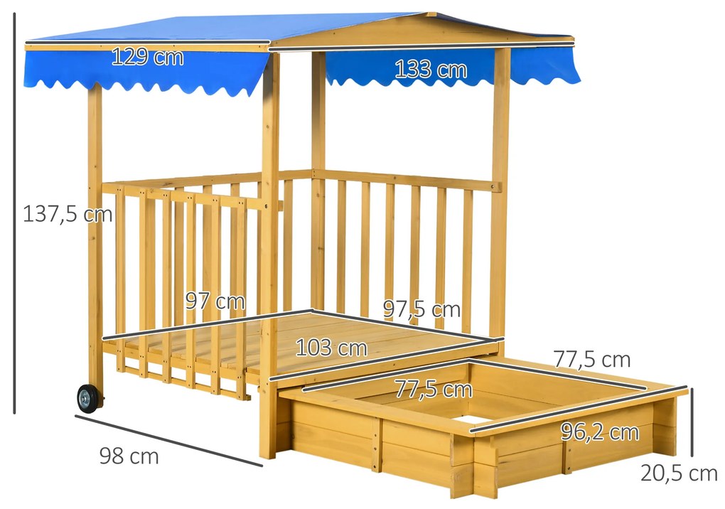 Pískoviště Outsunny bez podstavce, výškově nastavitelné, 107,5 x 107,5 x 110 cm, pískoviště se stříškou, pískoviště s krytem, přírodní