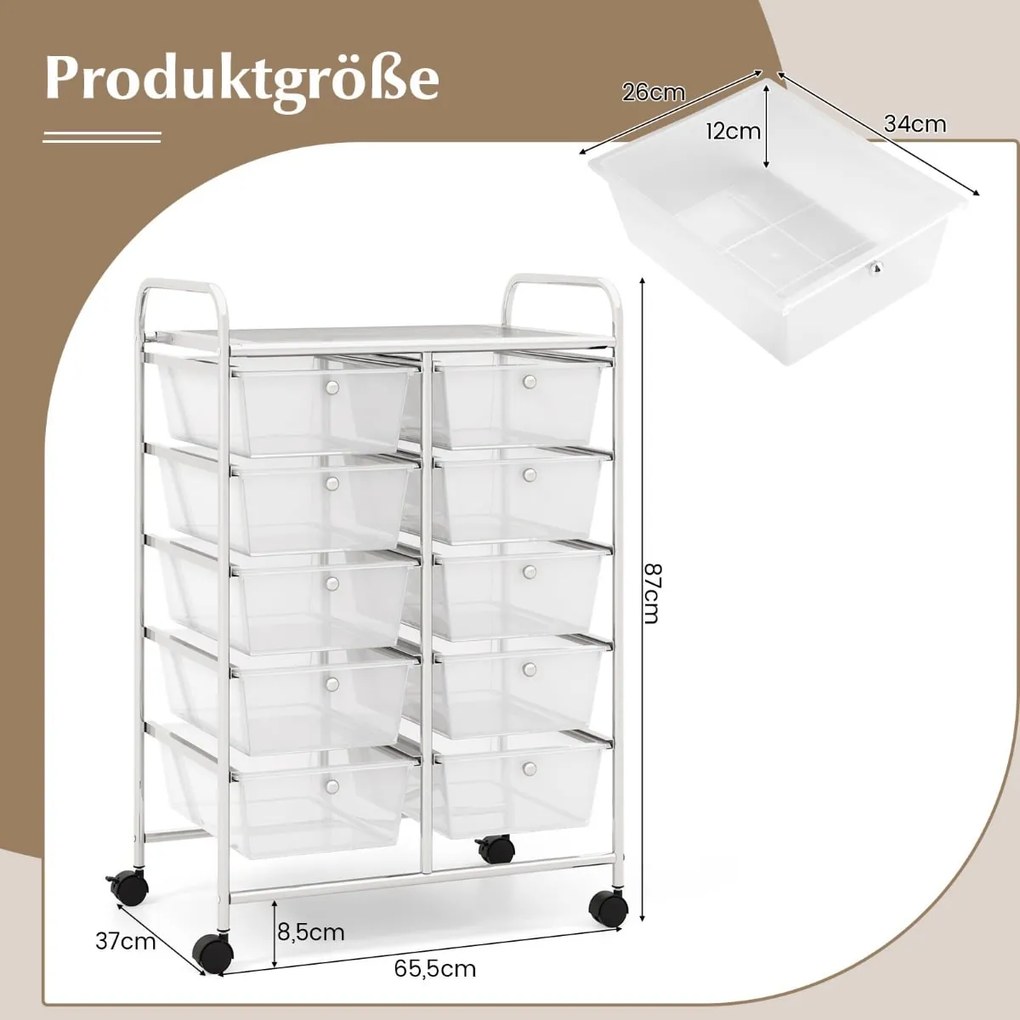 Costway Pojízdný úložný vozík s 10 zásuvkami Posuvný vozík