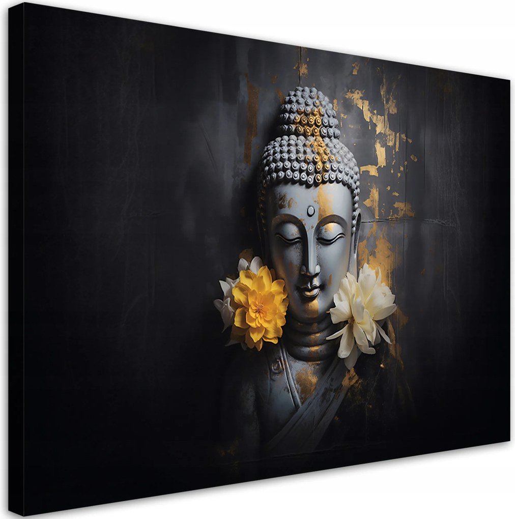Obraz na plátně, Šedý buddha a květiny 60x40