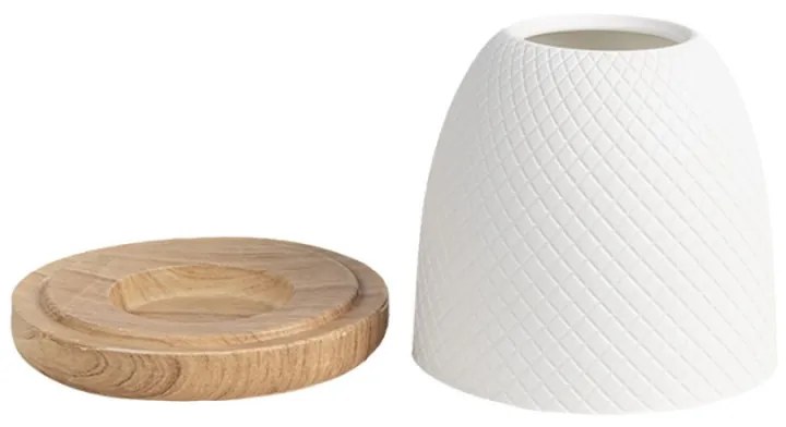 Bílý porcelánový svícen na čajovou svíčku na dřevěném podstavci – 9x10 cm