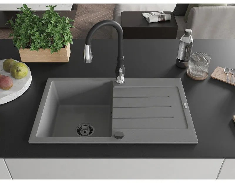 Mexen Bruno, 1-komorový granitový dřez 795x495x200 mm a dřezová baterie Savita, šedá, 6513-71-672601-70-B