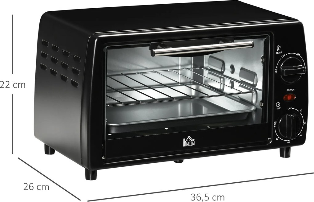 HOMCOM Mini trouba 10L 750W do 230°C s časovačem 60 min malá elektrická trouba včetně plechu a roštu 36,5x26x22 cm černá