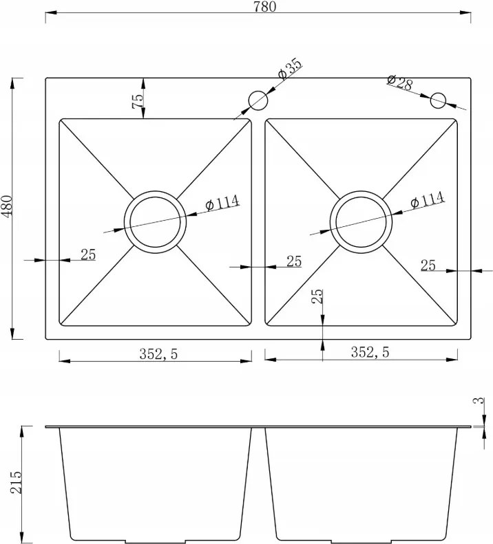 Erga HD, 2-komorový ocelový dřez 780x480x215 mm, broušená ocel, ERG-MLS-LEX7848
