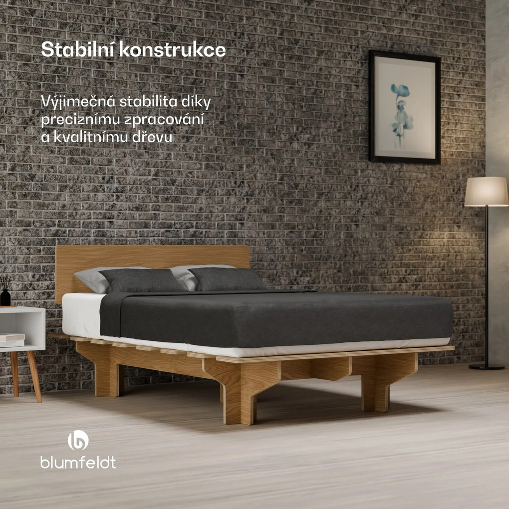 Blumfeldt NordicAura Double rám manželské postele, 140 cm x 200 cm, robustní, bez nářadí, eukalyptové dřevo, polička