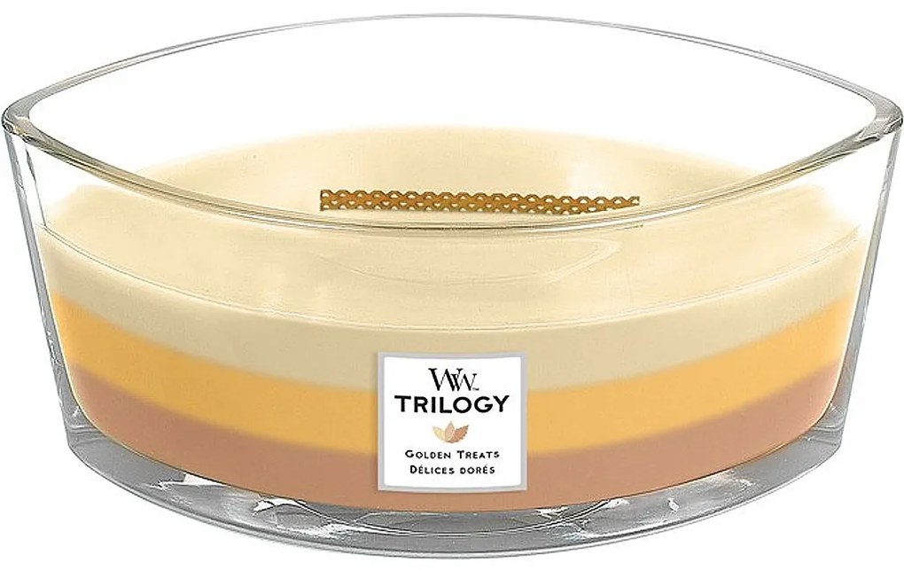 WoodWick – HearthWick Trilogy vonná svíčka Golden Treats (Sladké pochoutky), 453 g