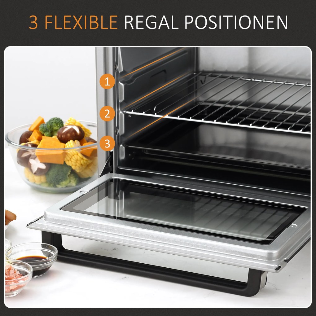 HOMCOM Mini trouba 32L, 1600W, Elektrická trouba s plechem na sběr strusky, nerez a sklo, stříbrná, 52.2x38.1x33.5cm| Aosom