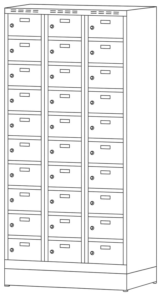 Šatní skříňka S6 s úložnými boxy na soklu, 30 boxů, 1920 x 900 x 500 mm, otočný zámek, šedé dveře